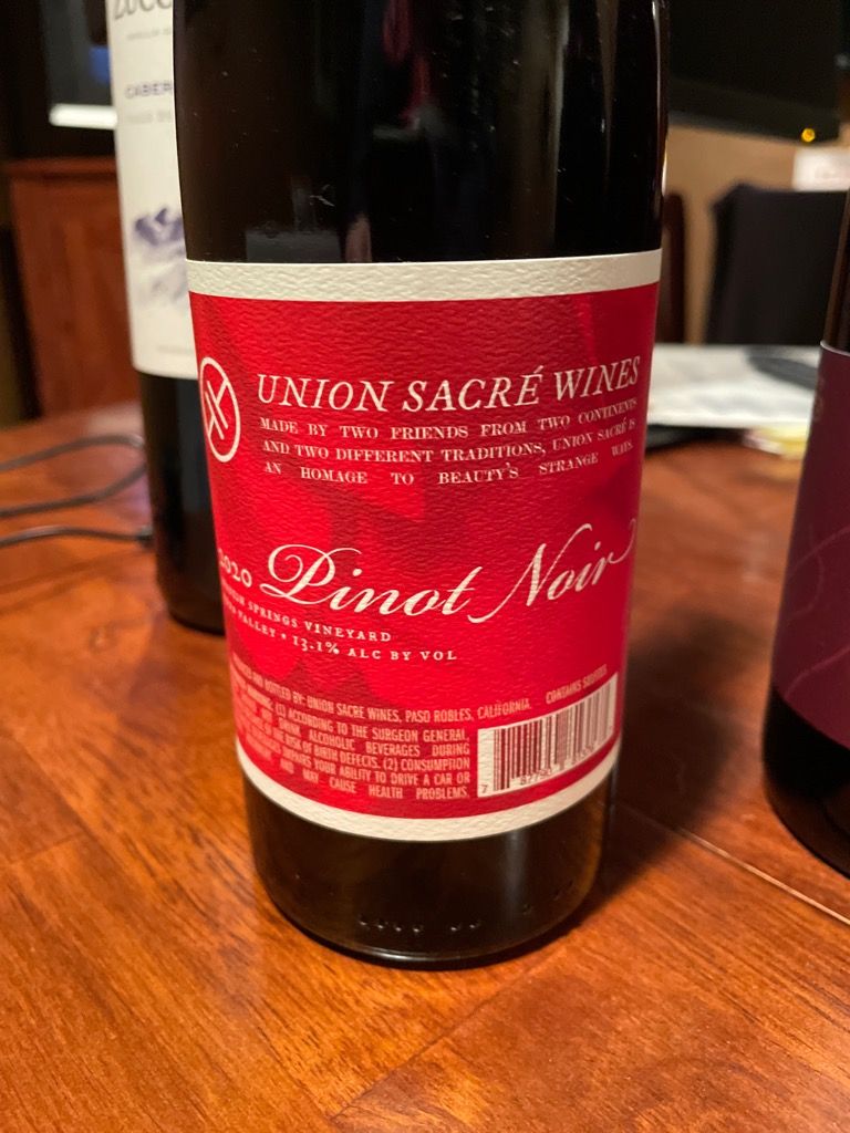 2020 Union Sacré Pinot Noir Spanish Spring, USA, California, Central ...