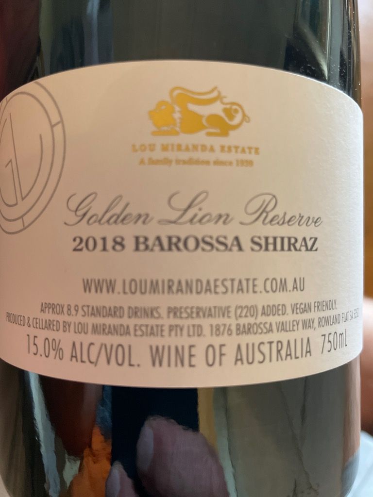 2019 Lou Miranda Estate Shiraz Reserve Golden Lion, Australia, South ...