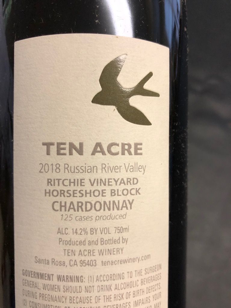 2019 Ten Acre Chardonnay Ritchie Vineyard Horseshoe Block, USA ...