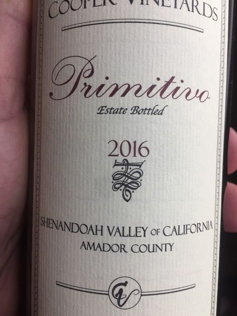 2016 Cooper Vineyards Primitivo, USA, California, Sierra Foothills ...