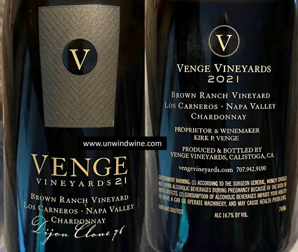 2021 Venge Vineyards Chardonnay Dijon Clones 76 Brown Ranch Carneros ...