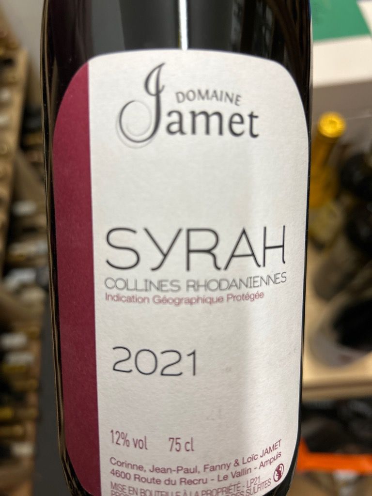 2021 Domaine Jamet Syrah Collines Rhodaniennes, France, Rhône, Northern ...