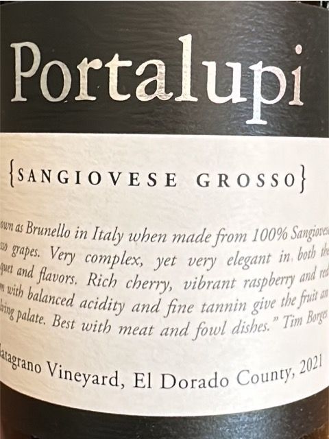 2021 Portalupi Sangiovese Matagrano Vineyard, USA, California, Sierra ...