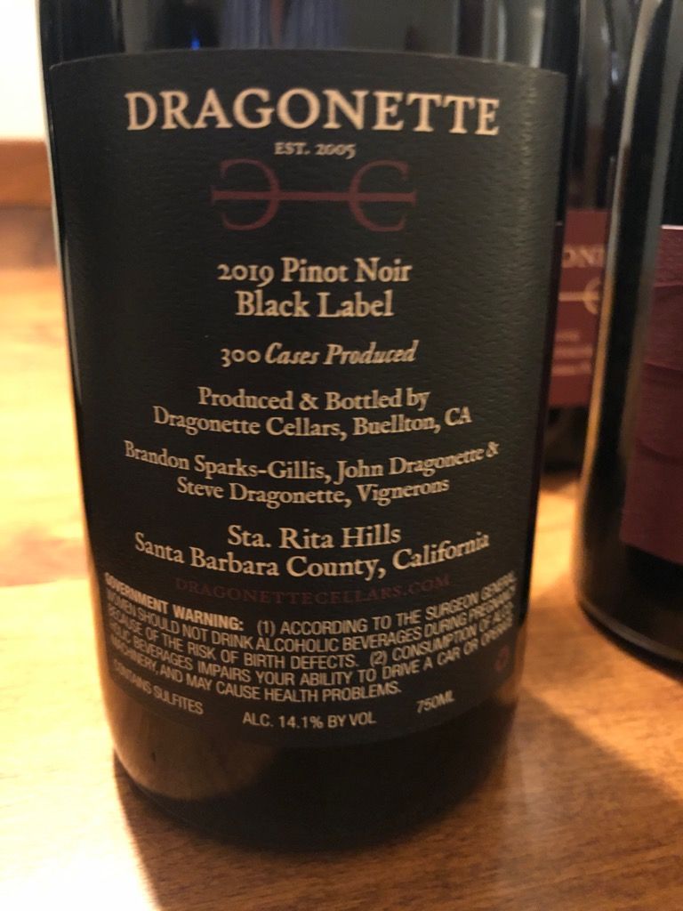 2019 Dragonette Cellars Pinot Noir Black Label, USA, California ...