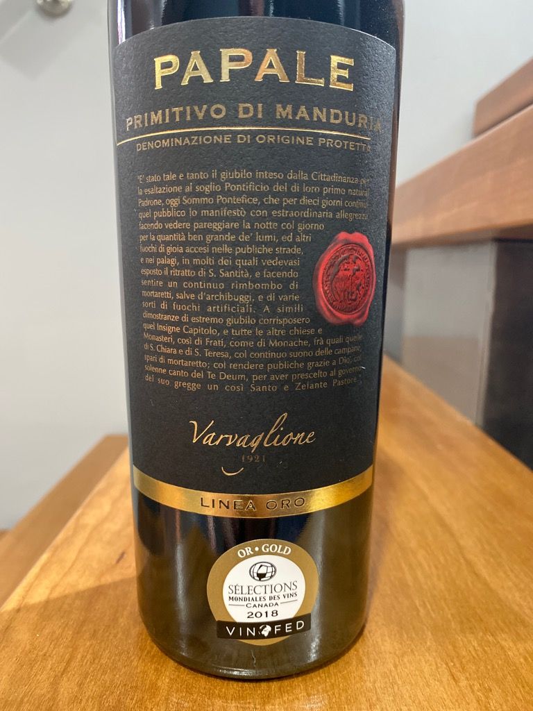 2015 Varvaglione Primitivo di Manduria Papale Linea Oro, Italy, Puglia ...