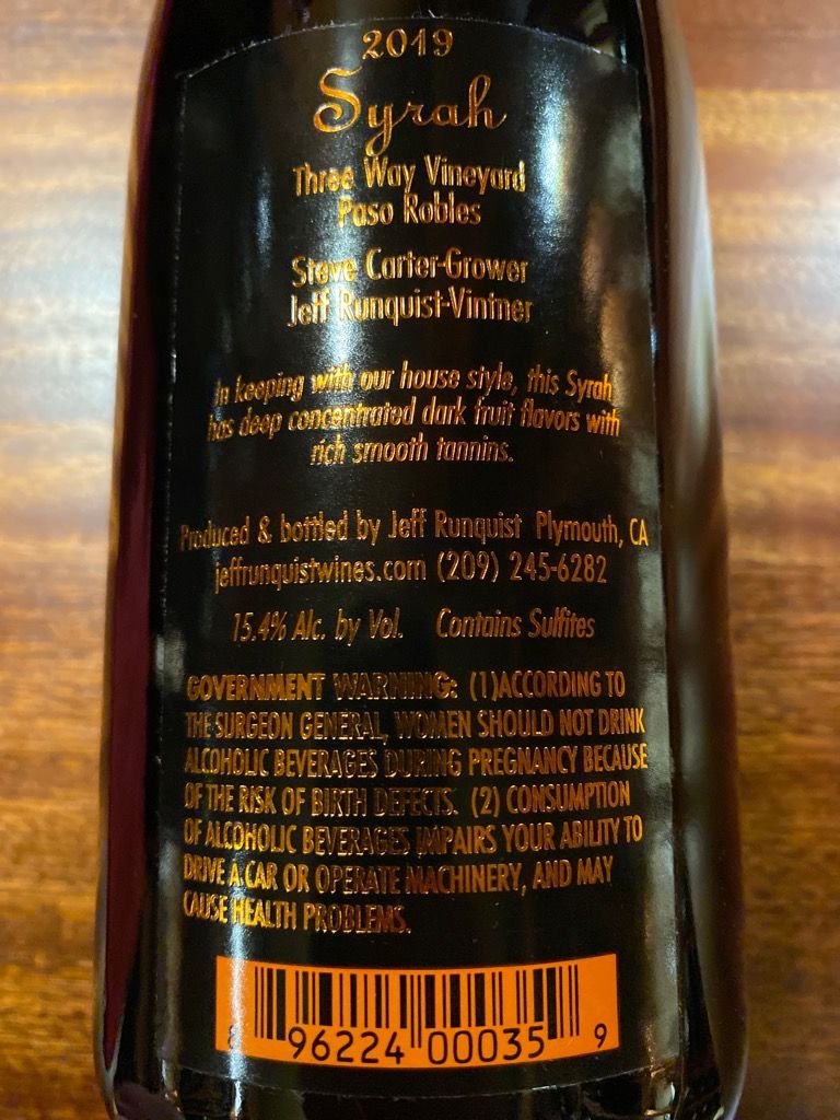 2020 Jeff Runquist Syrah "R", USA, California, Central Coast, Paso ...