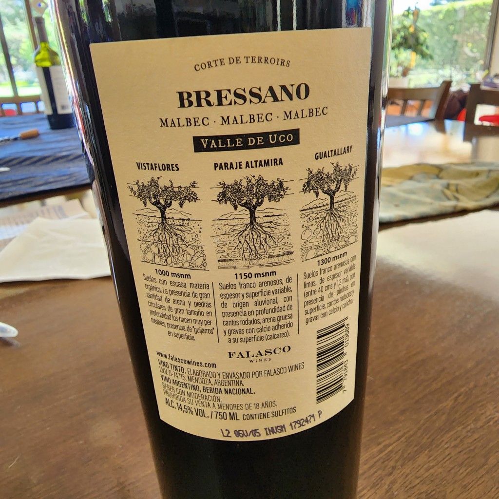 2019 Familia Falasco Malbec Bressano, Argentina, Mendoza, Valle de Uco ...
