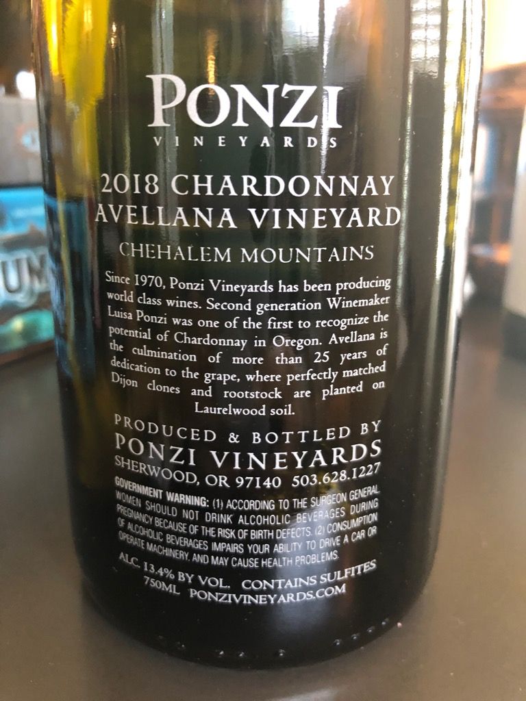 2018 Ponzi Vineyards Chardonnay Avellana, USA, Oregon, Willamette ...