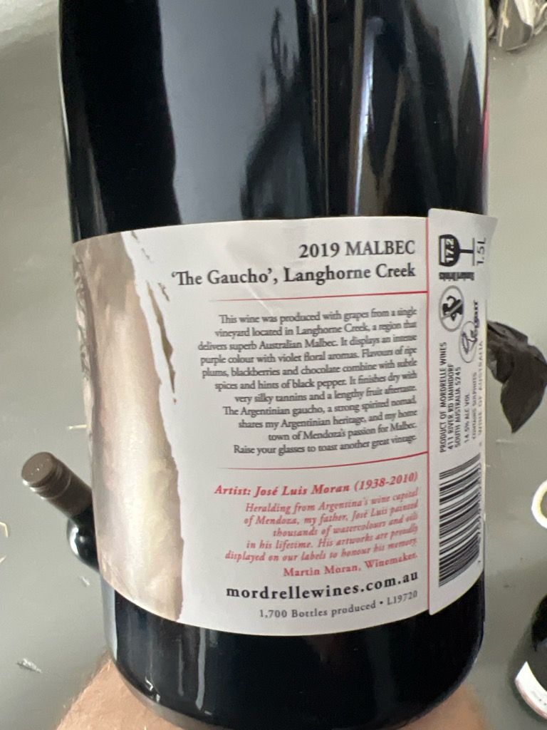 2019 Mordrelle Malbec Gaucho, Australia, South Australia, Mount Lofty ...