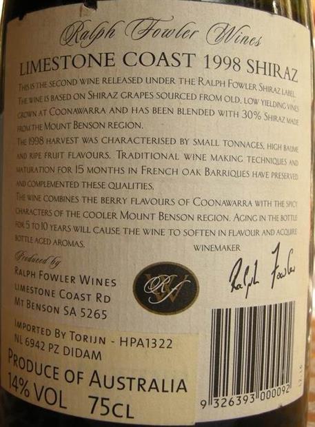 1999 Ralph Fowler Shiraz, Australia, South Australia, Limestone Coast ...