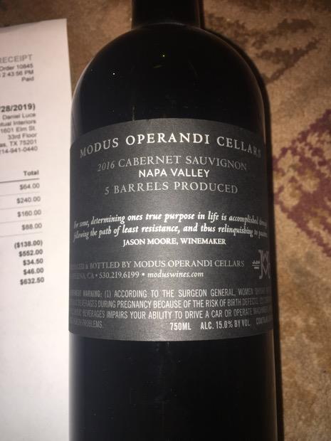 2016 Modus Operandi Cellars Cabernet Sauvignon, USA, California, Napa ...