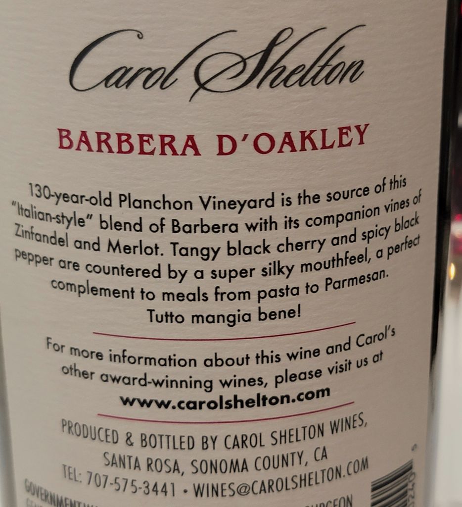 2022 Carol Shelton Wines Barbera d'Oakley Planchon Vineyard, USA ...