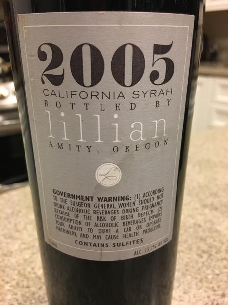 2005 Lillian Winery Syrah Blue Label, USA, California, Central Coast ...