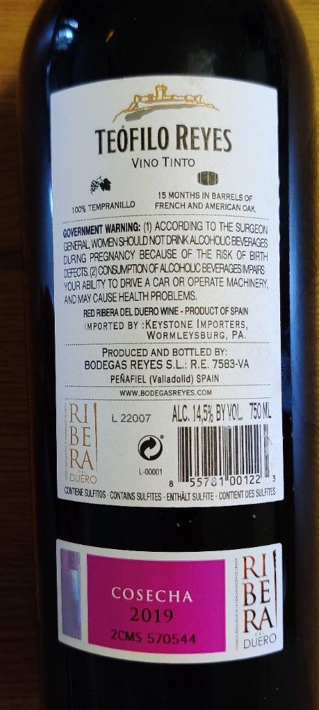 2019 Bodegas Reyes Ribera del Duero Teófilo Reyes Tinto Crianza, Spain ...