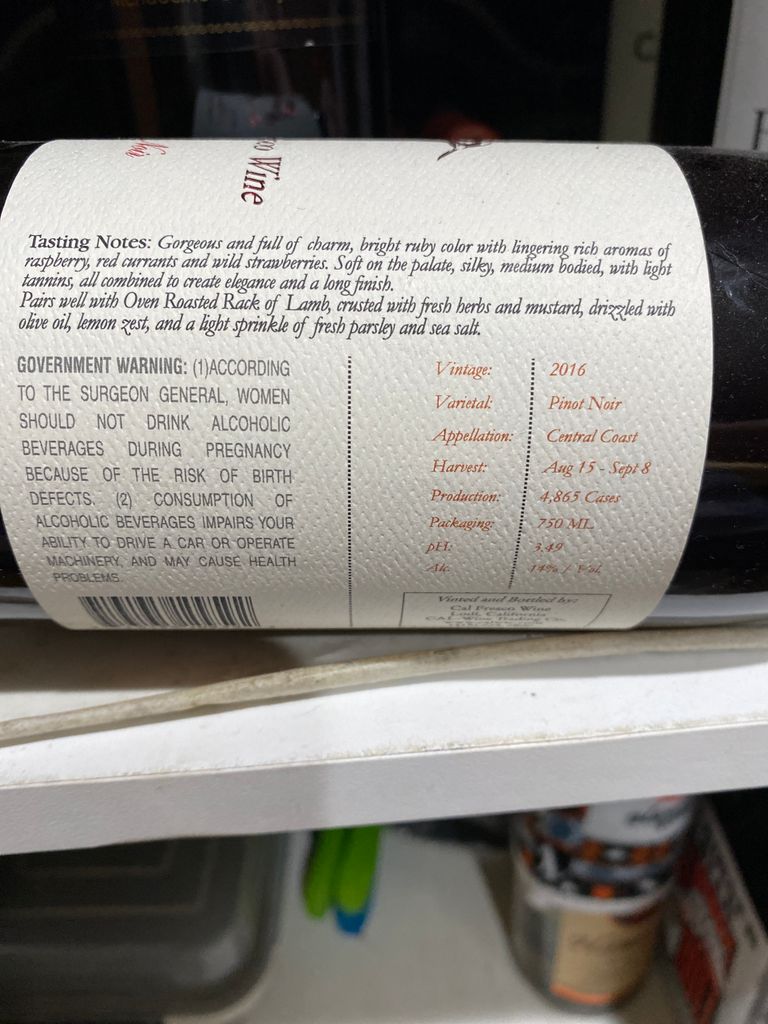 2016 Cal Fresco Wines Pinot Noir, USA, California, Central Coast ...