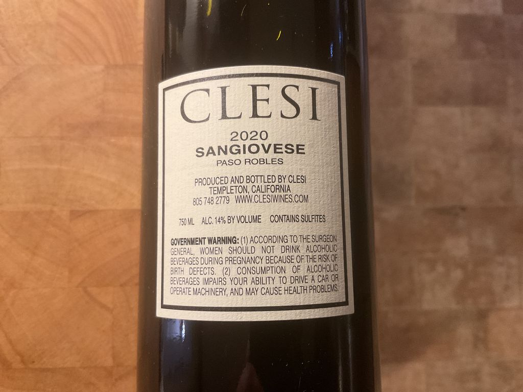 2020 Clesi Sangiovese, USA, California, Central Coast, Paso Robles ...