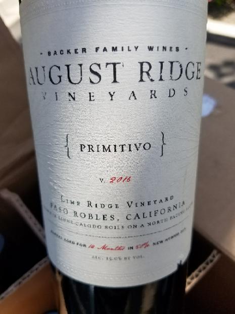 2016 August Ridge Primitivo, USA, California, Central Coast, Paso ...