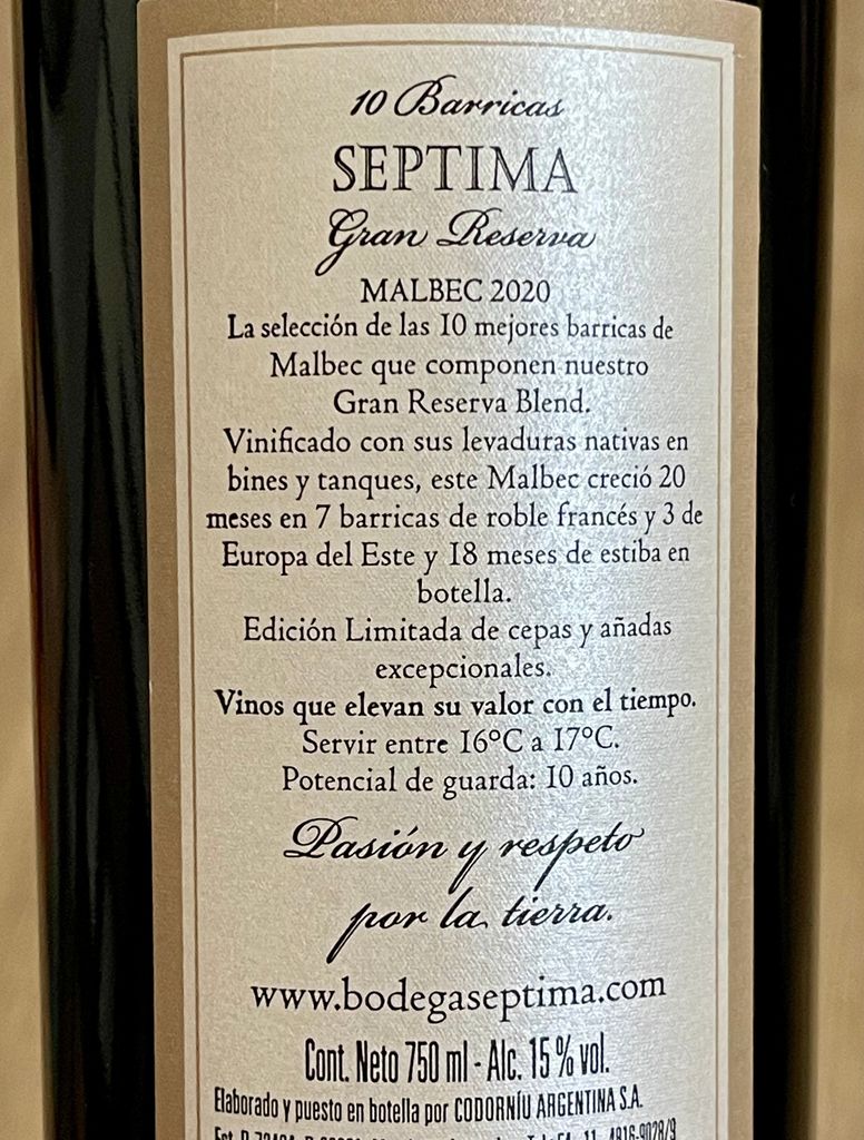 2020 Bodega Septima Malbec Gran Reserva 10 Barricas, Argentina, Mendoza ...
