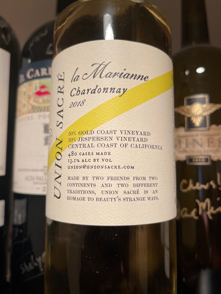 2018 Union Sacré Chardonnay la Marianne, USA, California, Central Coast ...