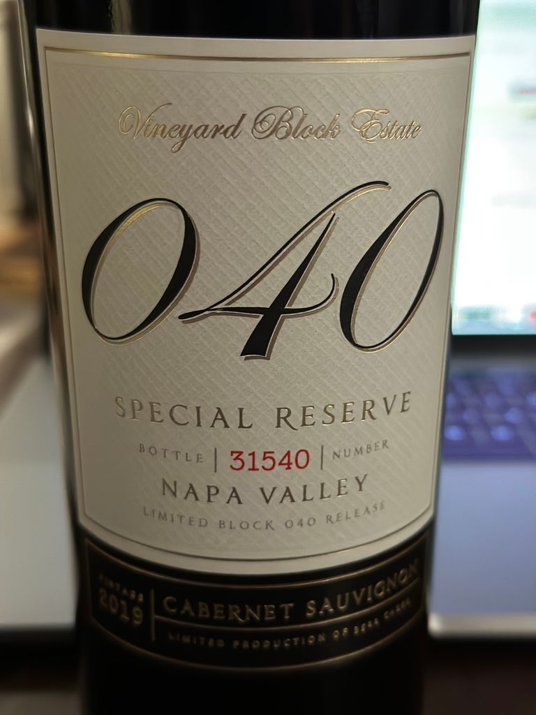 2019 Vineyard Block Estate Cabernet Sauvignon 040 Special Reserve, USA ...