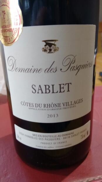 2013 Domaine des Pasquiers Côtes du Rhône Villages Sablet, France ...