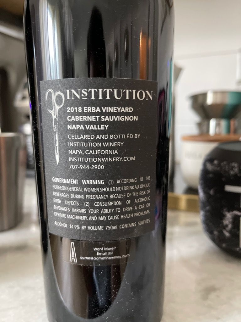 2018 Institution Cabernet Sauvignon Erba Vineyard, USA, California ...