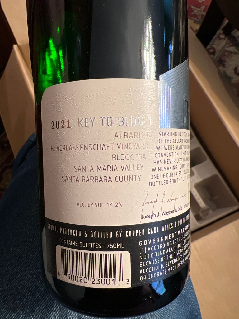 2021 Copper Cane Albariño Key to Bldg 1 H. Verlassenschaft Vineyard ...
