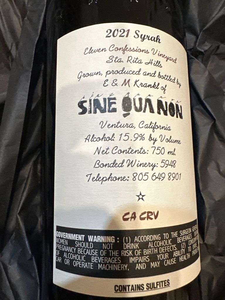 2021 Sine Qua Non Syrah Estate Eleven Confessions Vineyard, USA ...