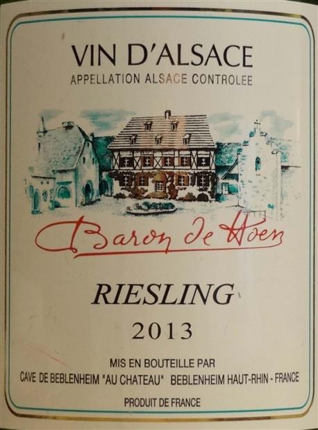 2012 Baron de Hoen Riesling Beblenheim Prestige, France, Alsace ...