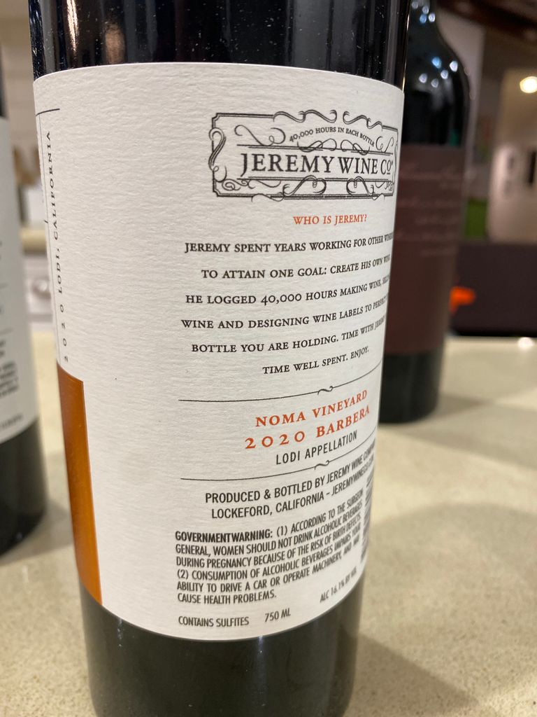 2019 Jeremy Wine Company Barbera Noma Vineyard, USA, California ...