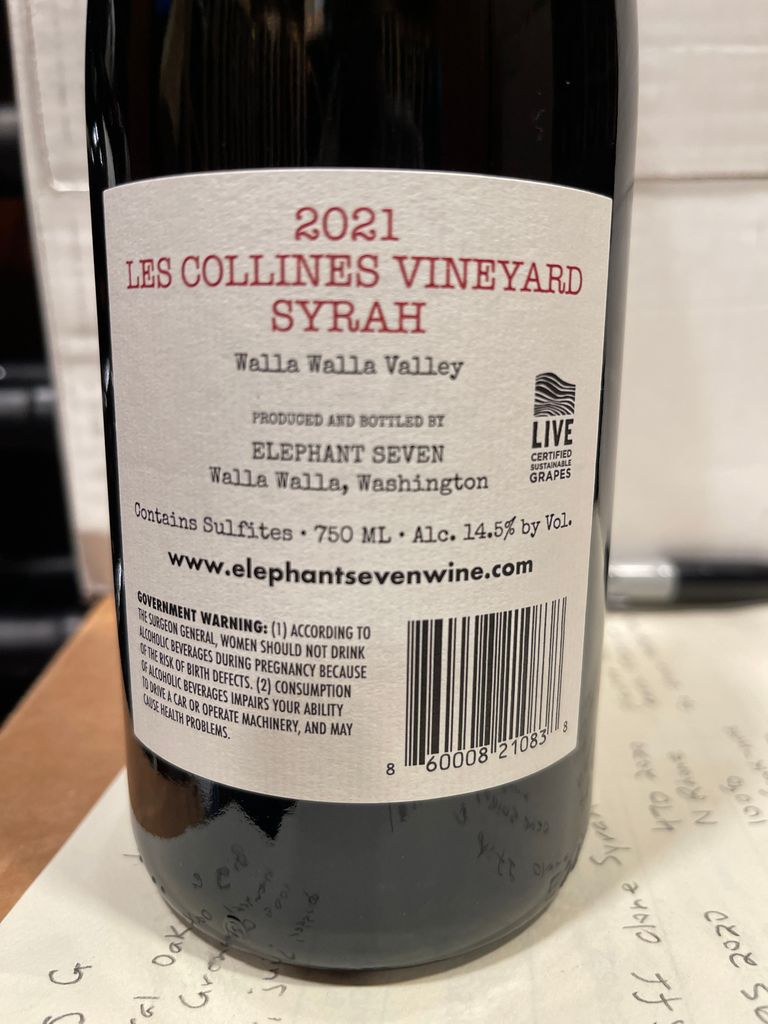 2021 Elephant Seven Syrah Les Collines, USA, Washington, Columbia ...
