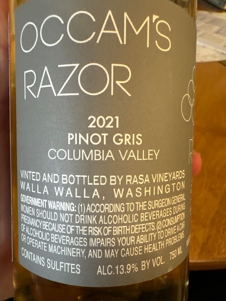 2022 Rasa Vineyards Pinot Gris Occam's Razor, USA, Washington, Columbia ...