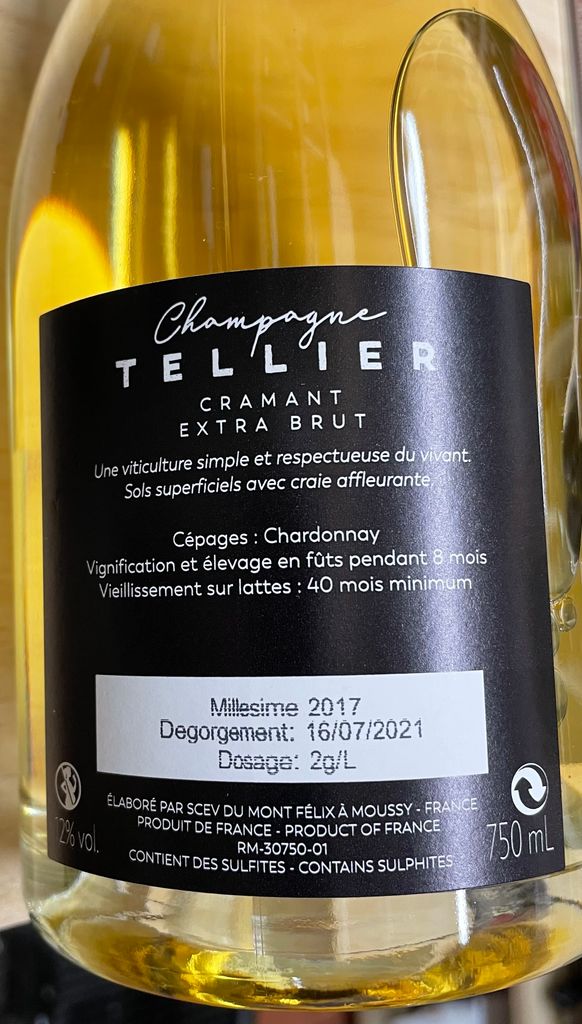 2016 Tellier Champagne Grand Cru Cramant Extra Brut, France, Champagne ...