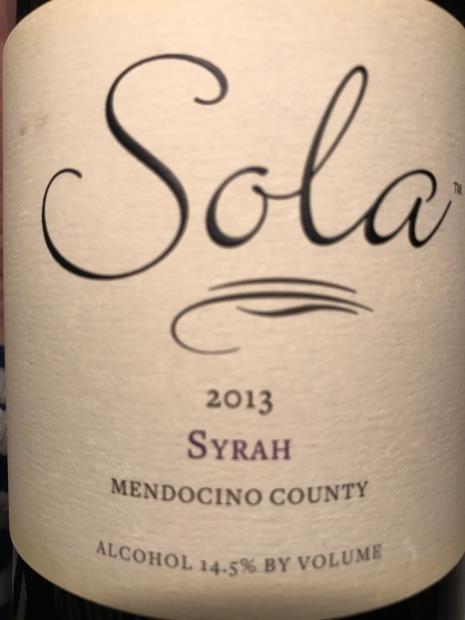 2013 Sola Syrah, USA, California, North Coast, Mendocino County ...