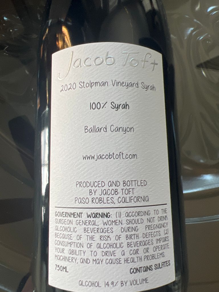 2020 Jacob Toft Syrah Stolpman, USA, California, Central Coast, Los ...