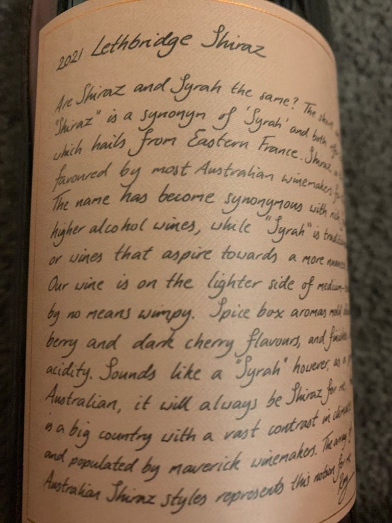 2021 Lethbridge Wines Shiraz, Australia, Victoria, Port Phillip ...