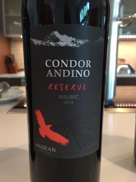 2013 Andean Vineyards Malbec Condor Andino Reserve, Argentina, Mendoza ...