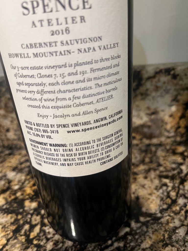 2016 Spence Vineyards Cabernet Sauvignon Atelier, USA, California, Napa ...