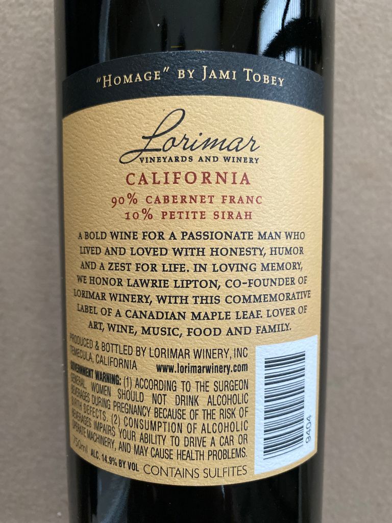 2017 Lorimar Cabernet Franc, USA, California, South Coast, Temecula ...