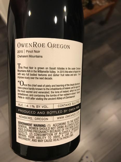2015 Owen Roe Pinot Noir Chehalem Mountains, USA, Oregon, Willamette ...