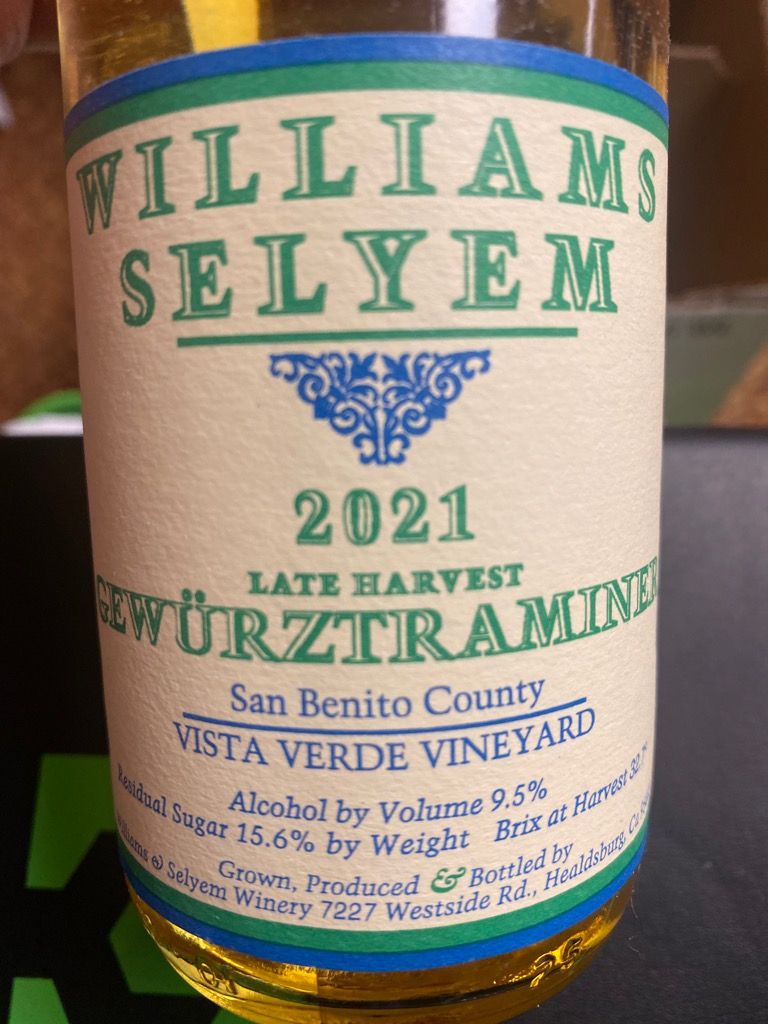 2021 Williams Selyem Gewürztraminer Late Harvest Vista Verde Vineyard ...