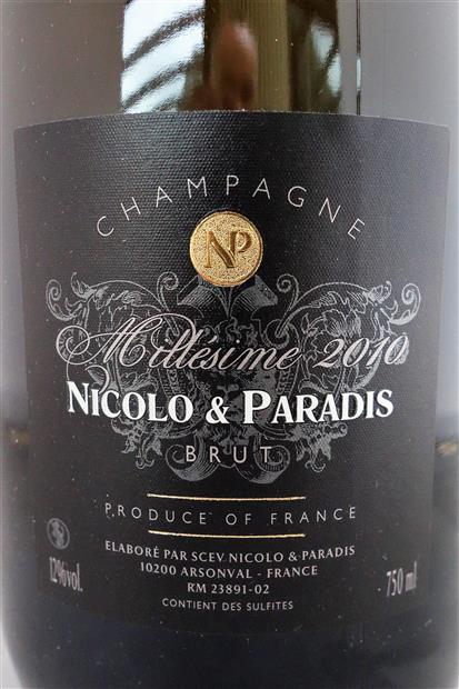 2010 Nicolo & Paradis Champagne Brut Millésimé, France, Champagne ...
