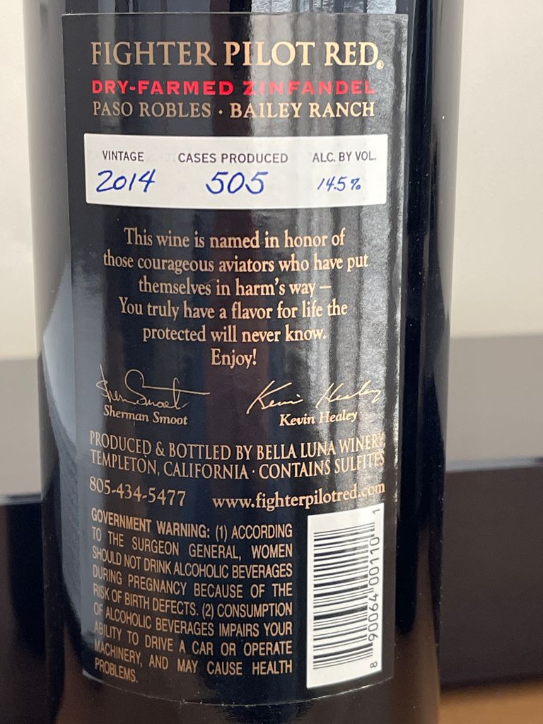 2014 Bella Luna Zinfandel Fighter Pilot Red, USA, California, Central ...