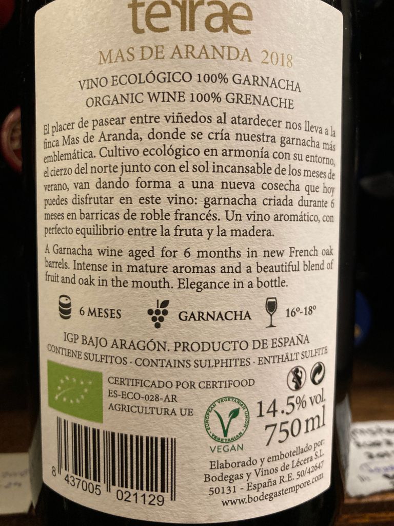 2019 Bodegas Tempore Garnacha Terrae "Mas de Aranda", Spain, Aragón ...