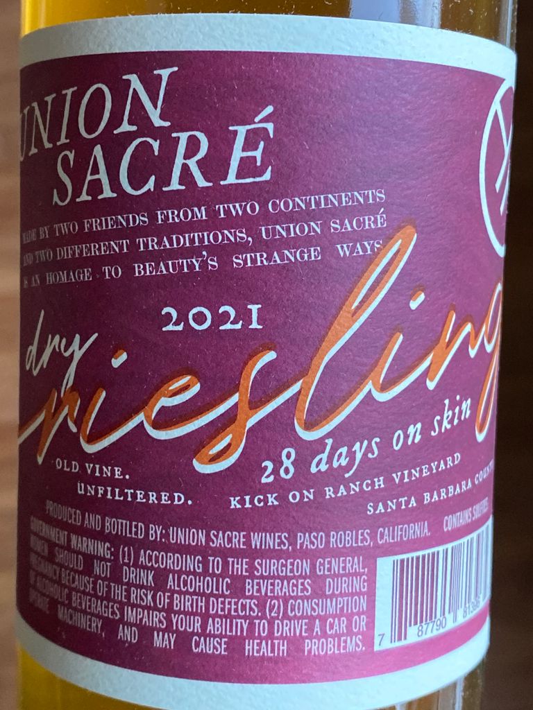 2021 Union Sacré Riesling Kick-on Ranch, USA, California, Central Coast ...