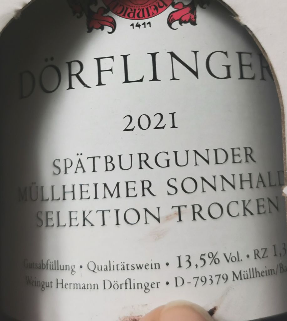 2021 Weingut Hermann Dörflinger Sonnhalde Spätburgunder Selektion ...
