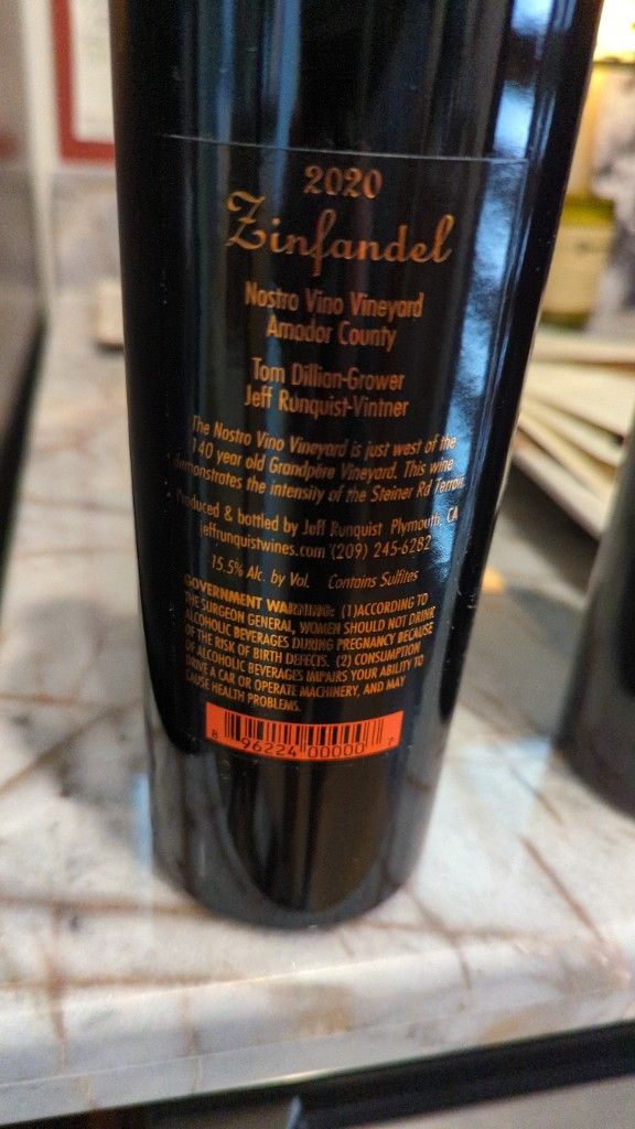 2020 Jeff Runquist Zinfandel "R" Nostro Vino Vineyard Amador County ...