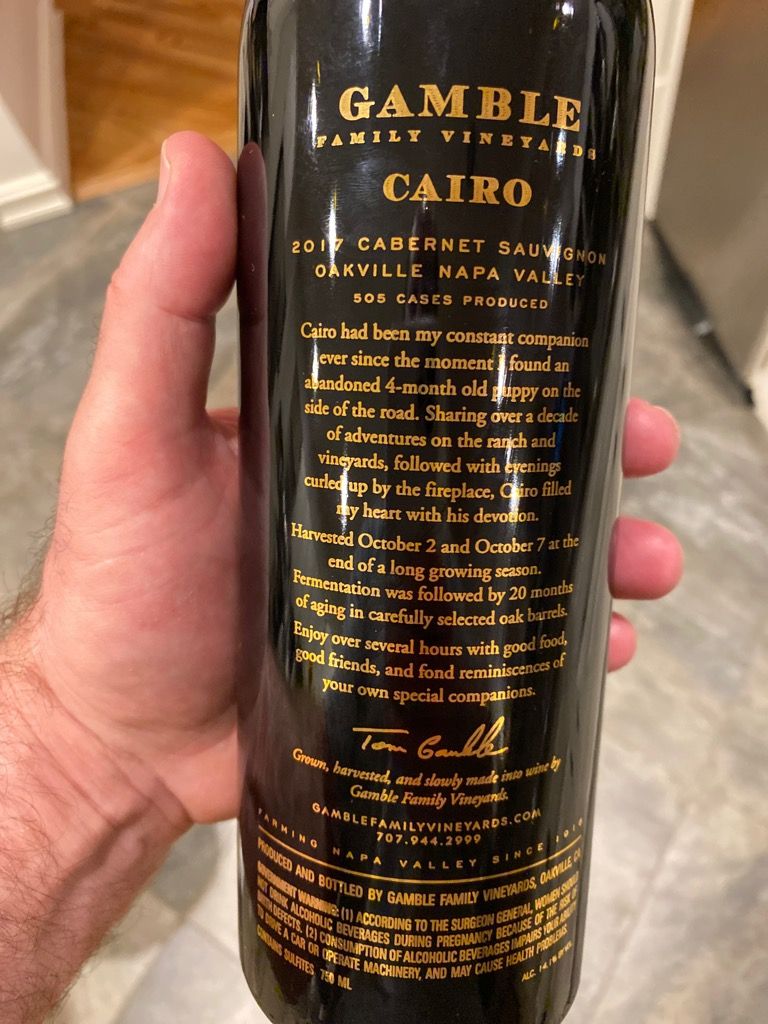 2017 Gamble Family Vineyards Cabernet Sauvignon Cairo, USA, California ...