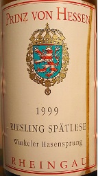 1990 Weingut Prinz von Hessen Winkeler Hasensprung Riesling Spätlese ...