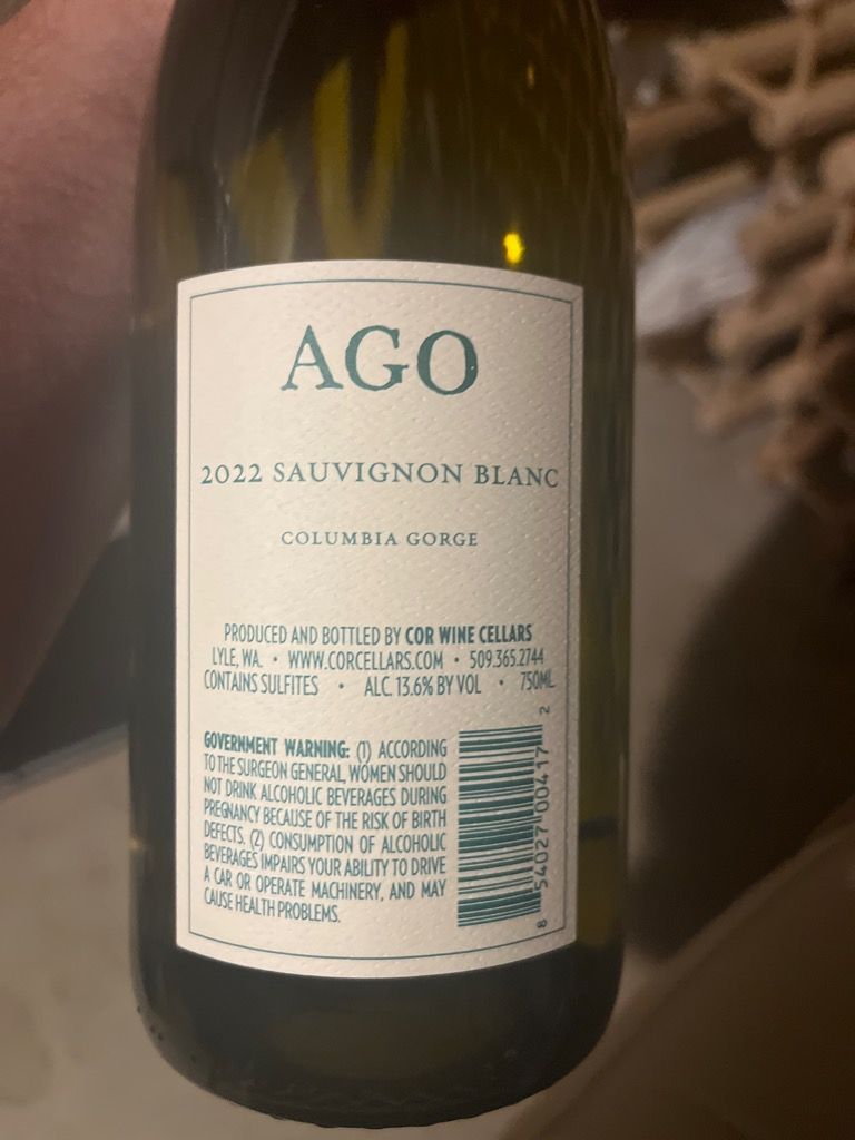 2022 COR Cellars Sauvignon Blanc Ago, USA, Oregon/Washington, Columbia ...